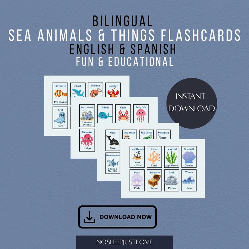 Bilingual Sea Animals Flashcards: English & Spanish Learning (PDF) - Etsy