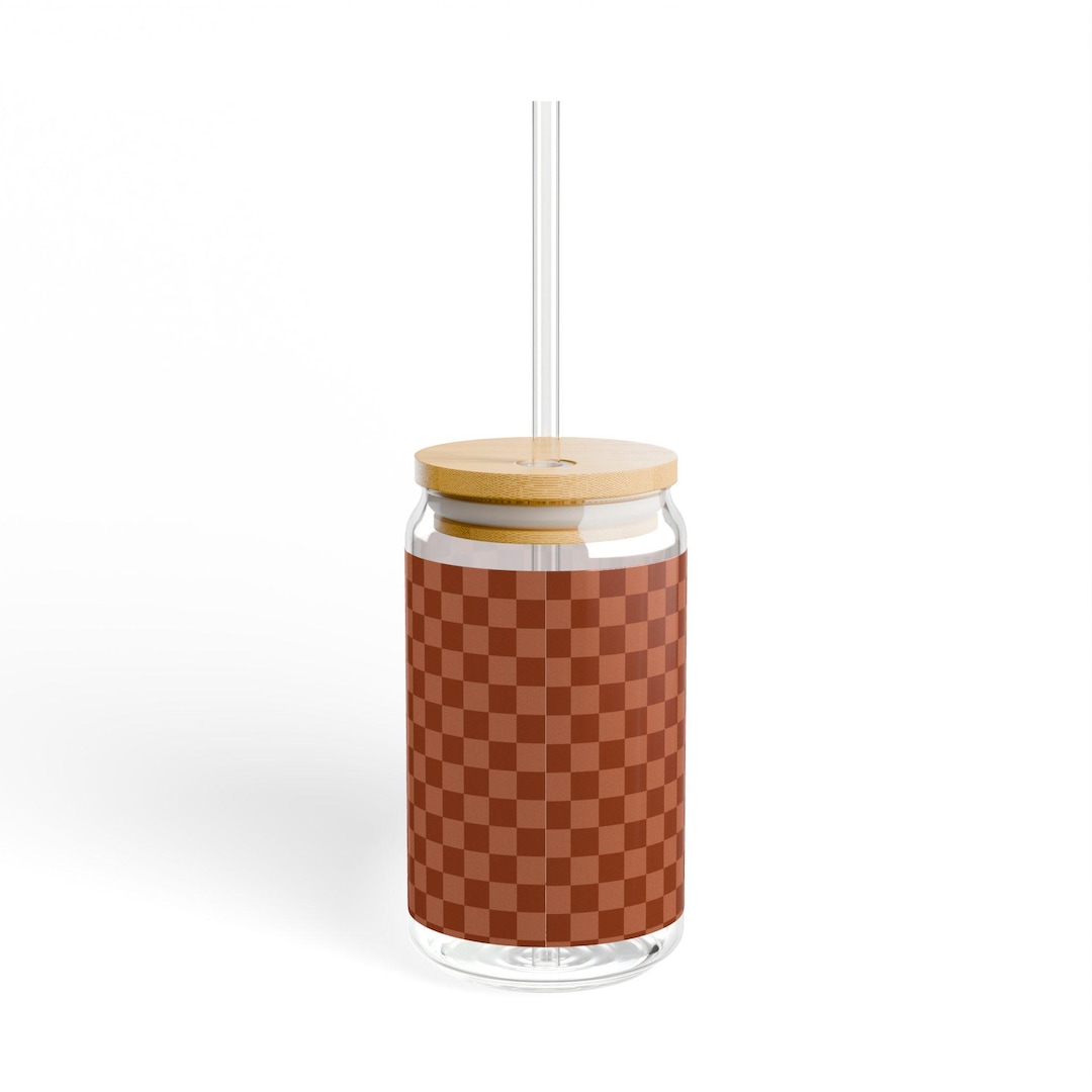 Checkered Sipper Glass, 16oz, Aesthetic Drinkware, Cozy Home Decor ...
