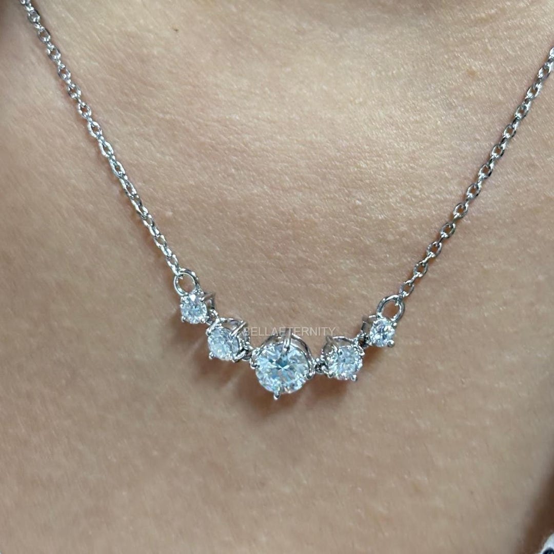 14K White Gold Floating Diamond Necklace, Round Cut Lab Grown Diamond ...