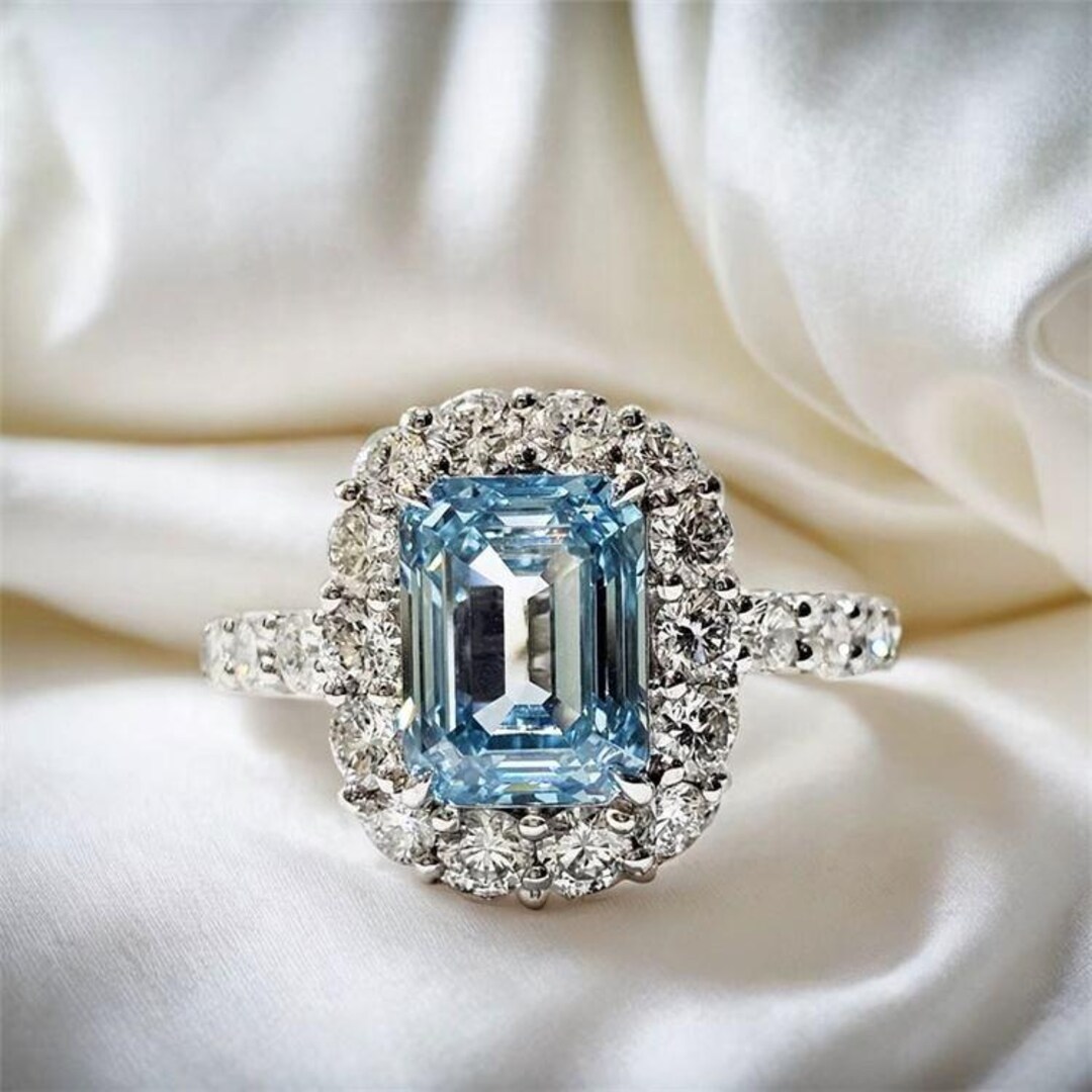 Emerald Cut Cyan Blue Diamond Ring Halo Engagement Ring in a Vintage ...
