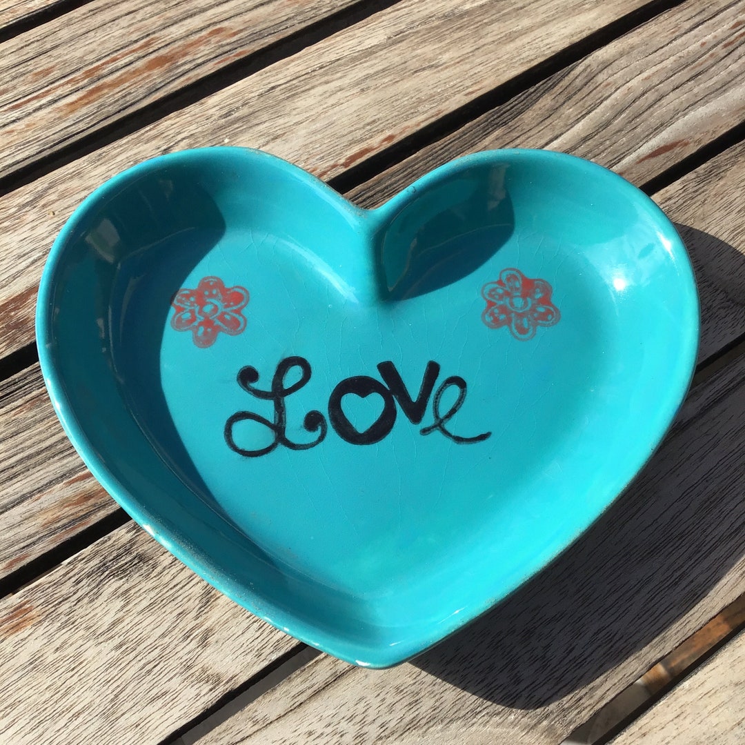 Blue Ceramic Heart Shaped Dish With Love Painted in Center - Etsy