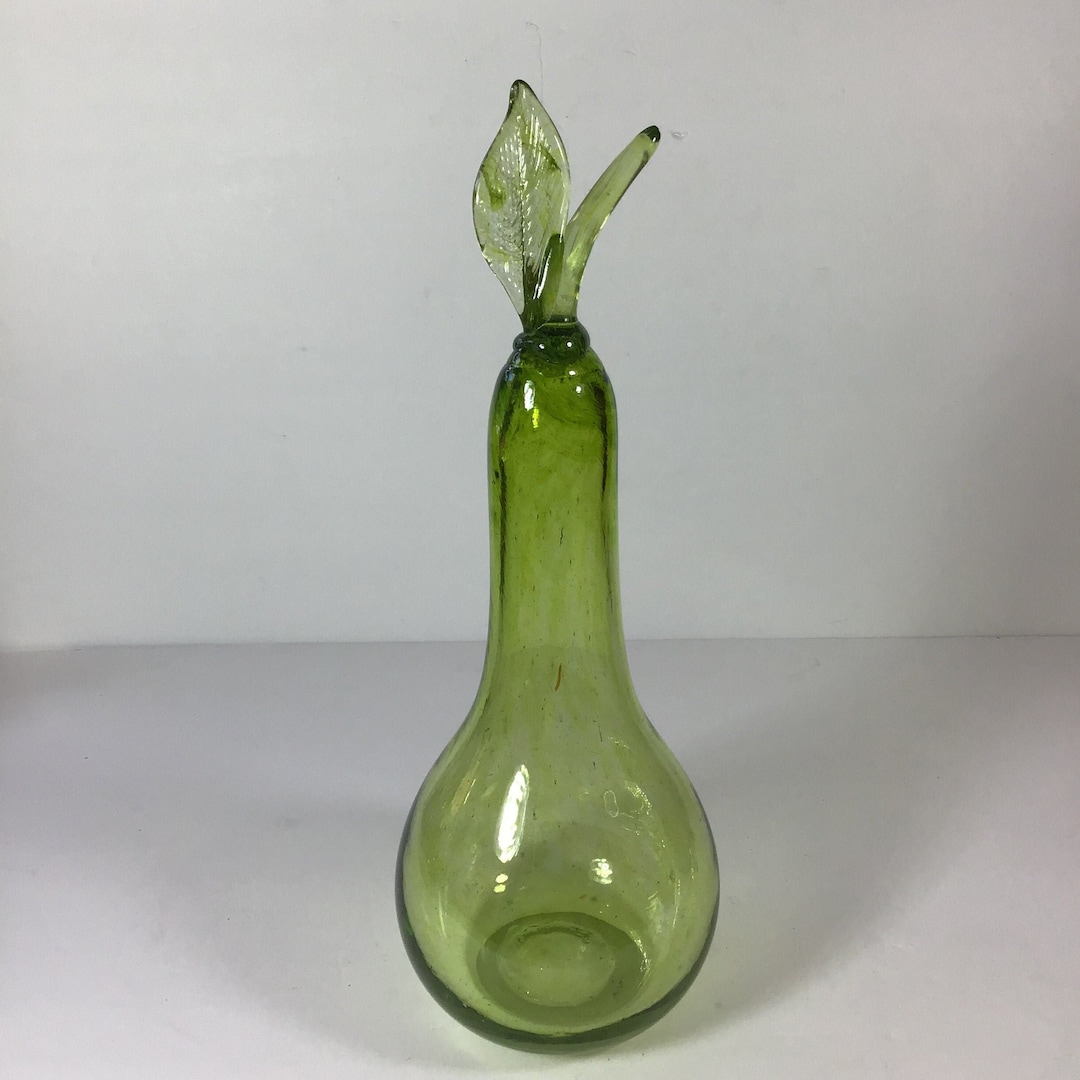 Vintage Large Hand Blown Green Art Glass Pear With a Leaf and Stem on ...