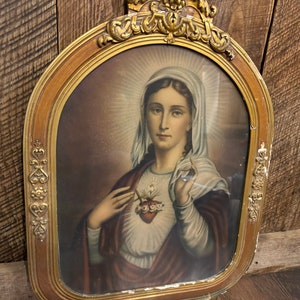 Antique Vintage Old Gesso Design Mary Religious Flat Glass Picture ...