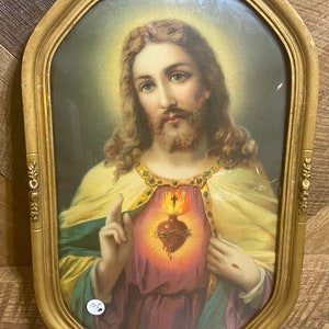 Antique Vintage Victorian Style Ornate Gesso Convex Bubble Glass Jesus ...