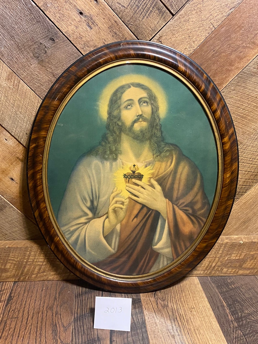 Antique Vintage Oval Flat Glass Wood Religious Jesus Picture Frame ...