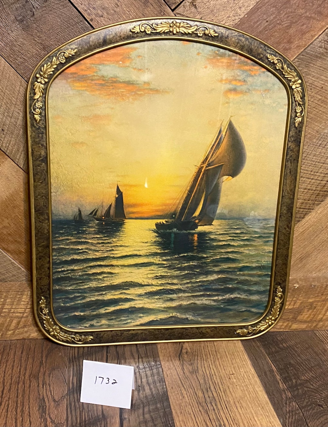 Antique Vintage Gesso Design Wood Arched Nautical Sailboat Scene Unique ...