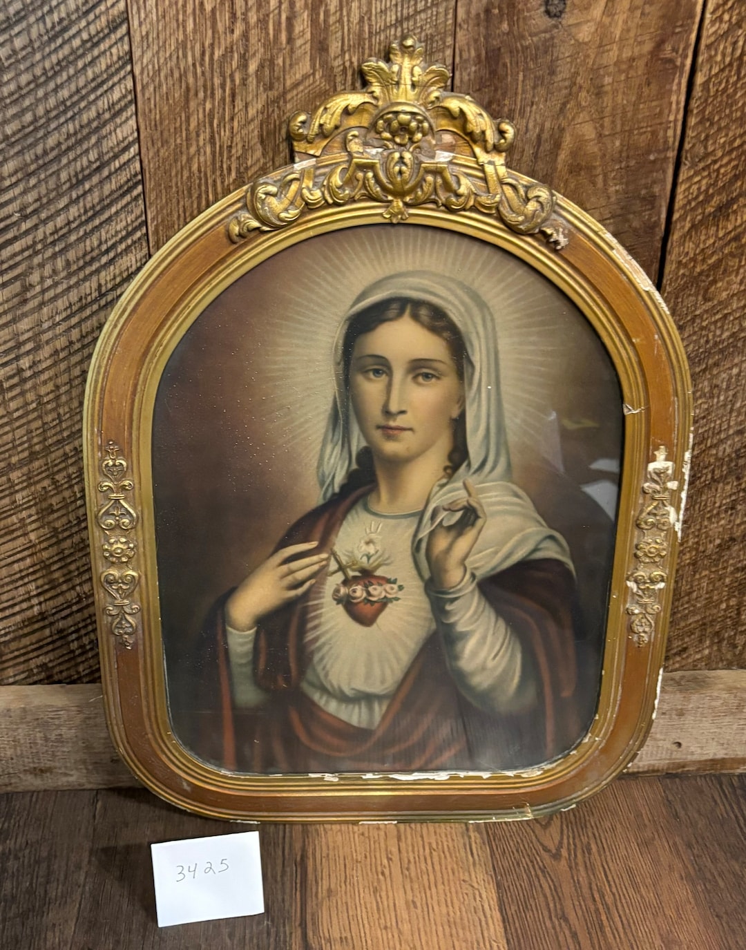 Antique Vintage Old Gesso Design Mary Religious Flat Glass Picture ...