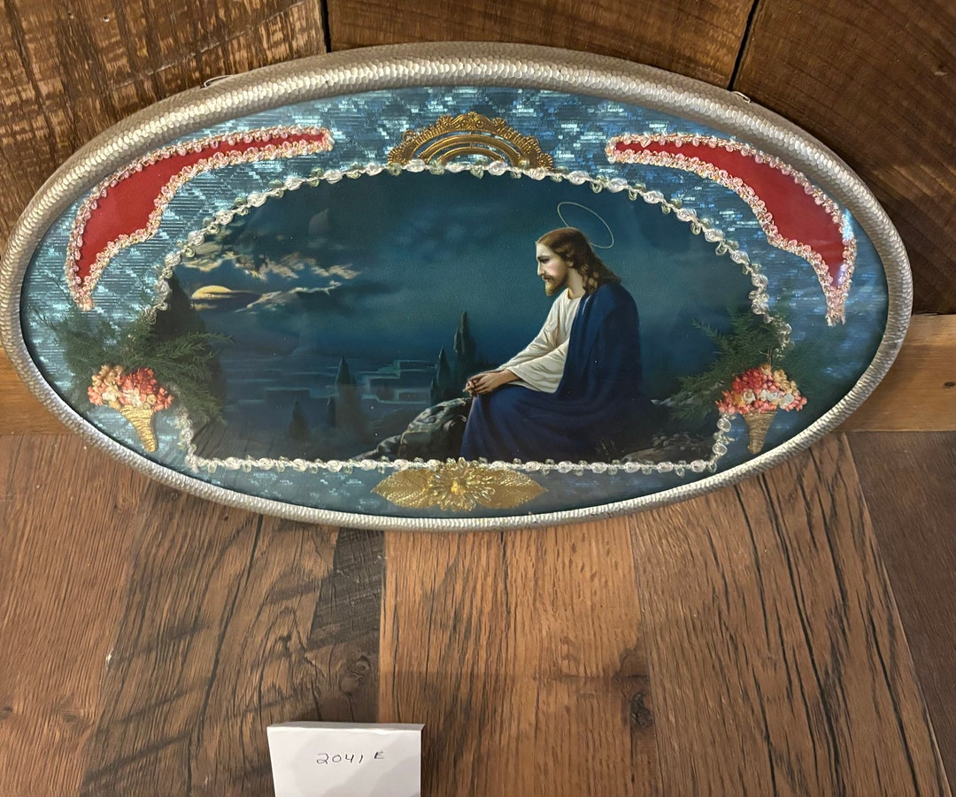 Jesus Convex Bubble Glass Oval Antique Vintage Hammered Metal Picture ...