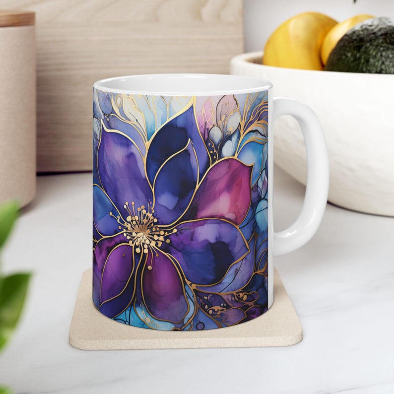 Purple Floral Mug Stained Glass, Faux Stained Glass, Artistic Ceramic ...