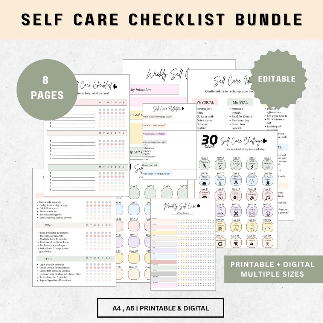 Self Care Checklist Bundle: Printable & Editable Planner (A4/A5 PDF ...