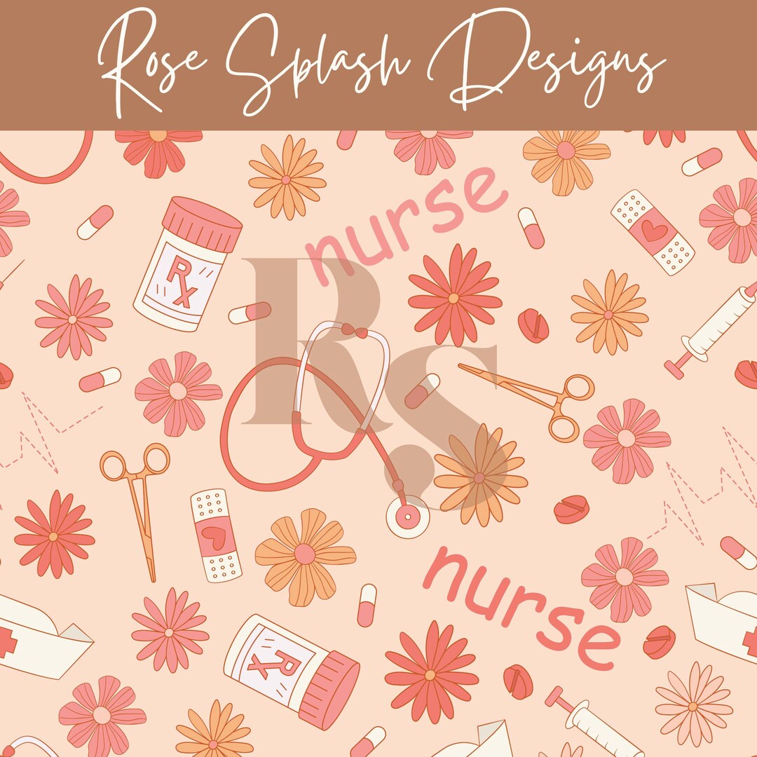 Retro Nurse Floral Heartbeat Seamless Repeat Pattern, Boho RN Nurse ...