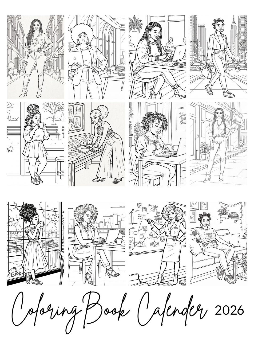 2026 Coloring Book Calendar | Black Woman Coloring Calendar | Printable ...