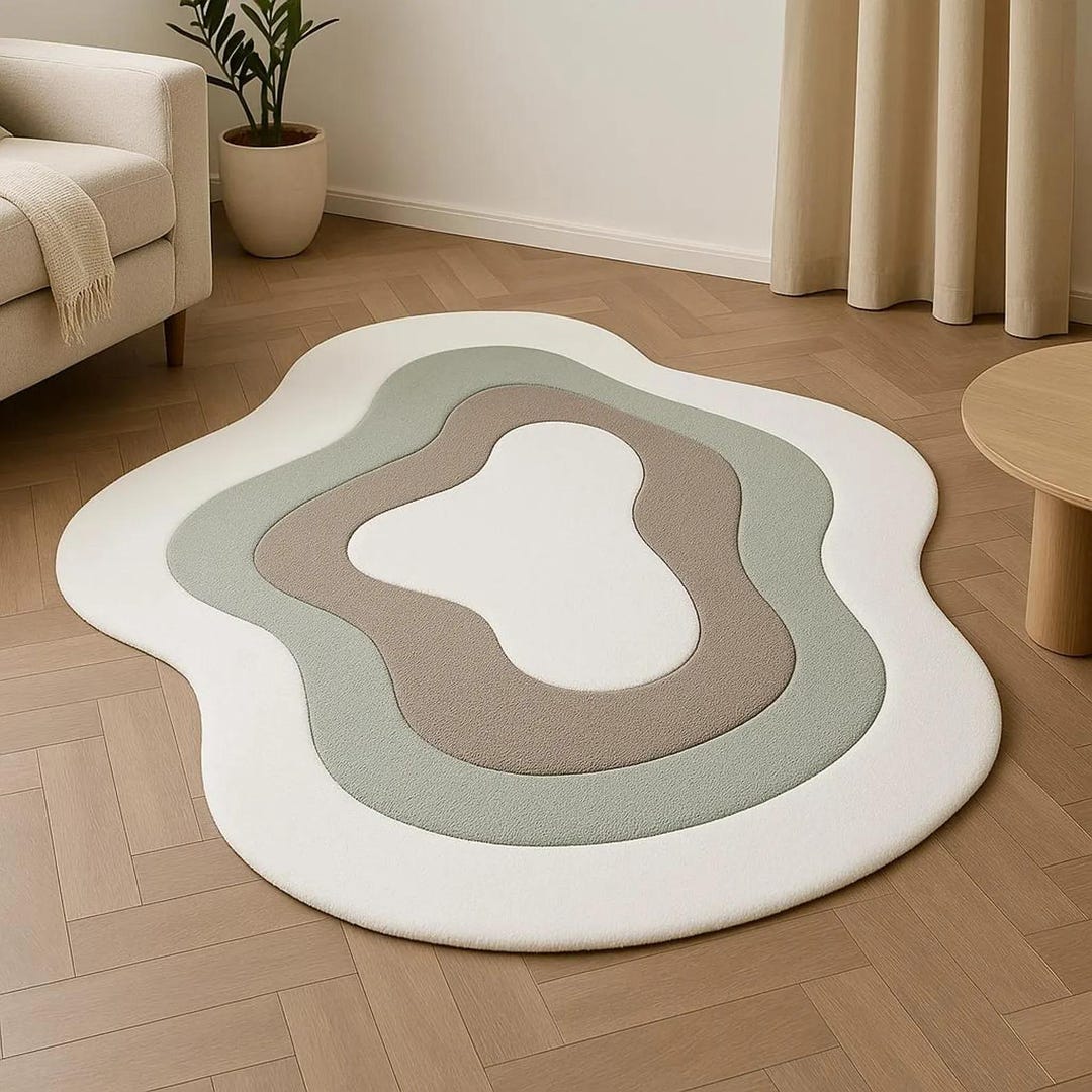 Irregular Shaped Rug Contrast Beige Hand-tufted Rug | for Living Room ...