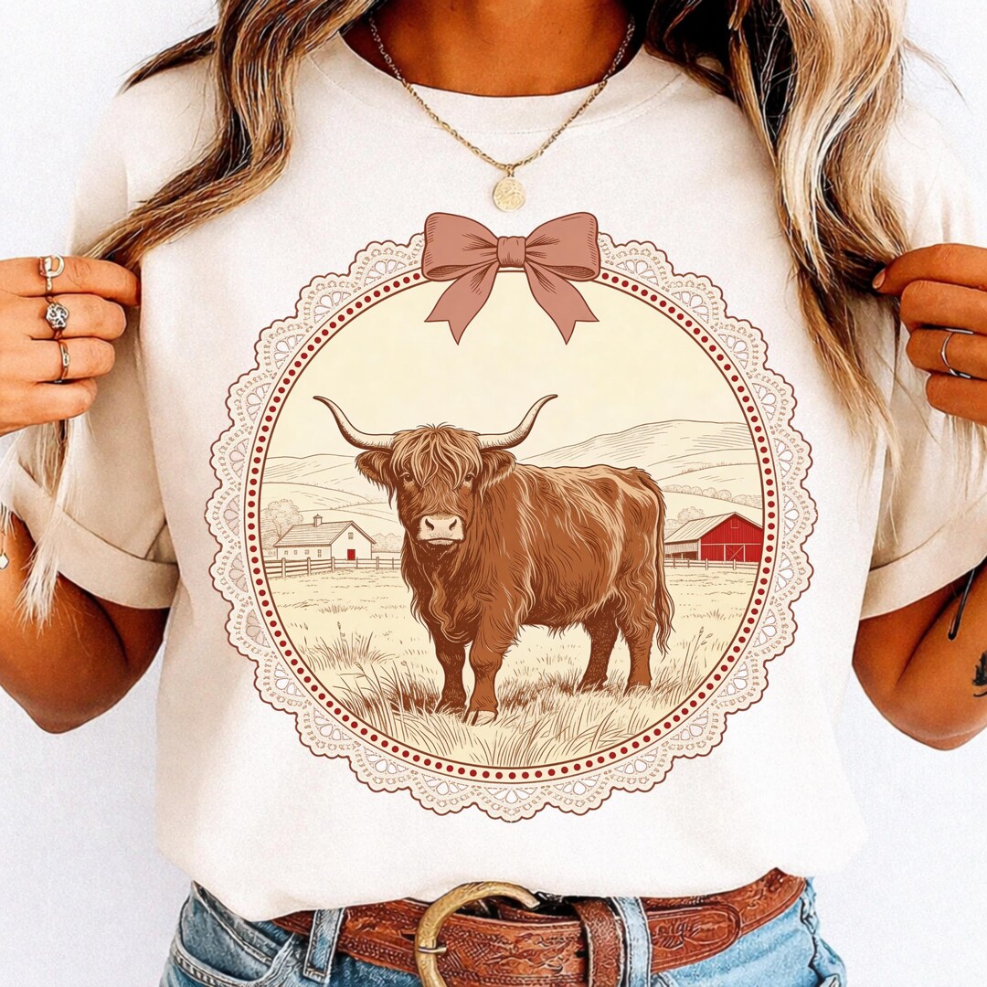 Vintage Highland Cow PNG, Farmhouse Cottagecore Shirt Design (digital ...