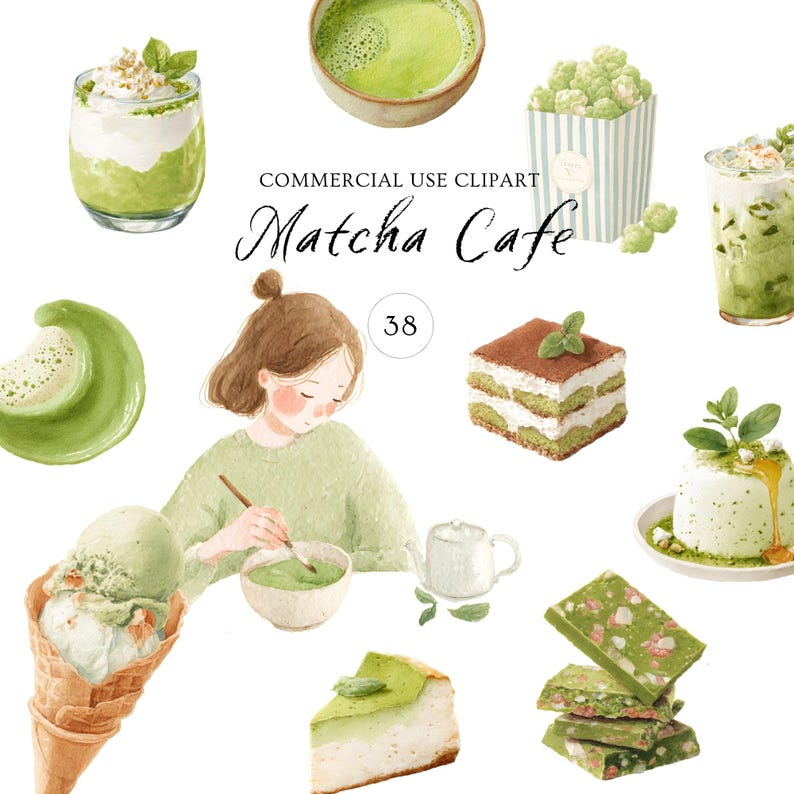 38 Matcha Lover Clipart Bundle PNG Cozy Japanese Green Tea Dessert Clip ...