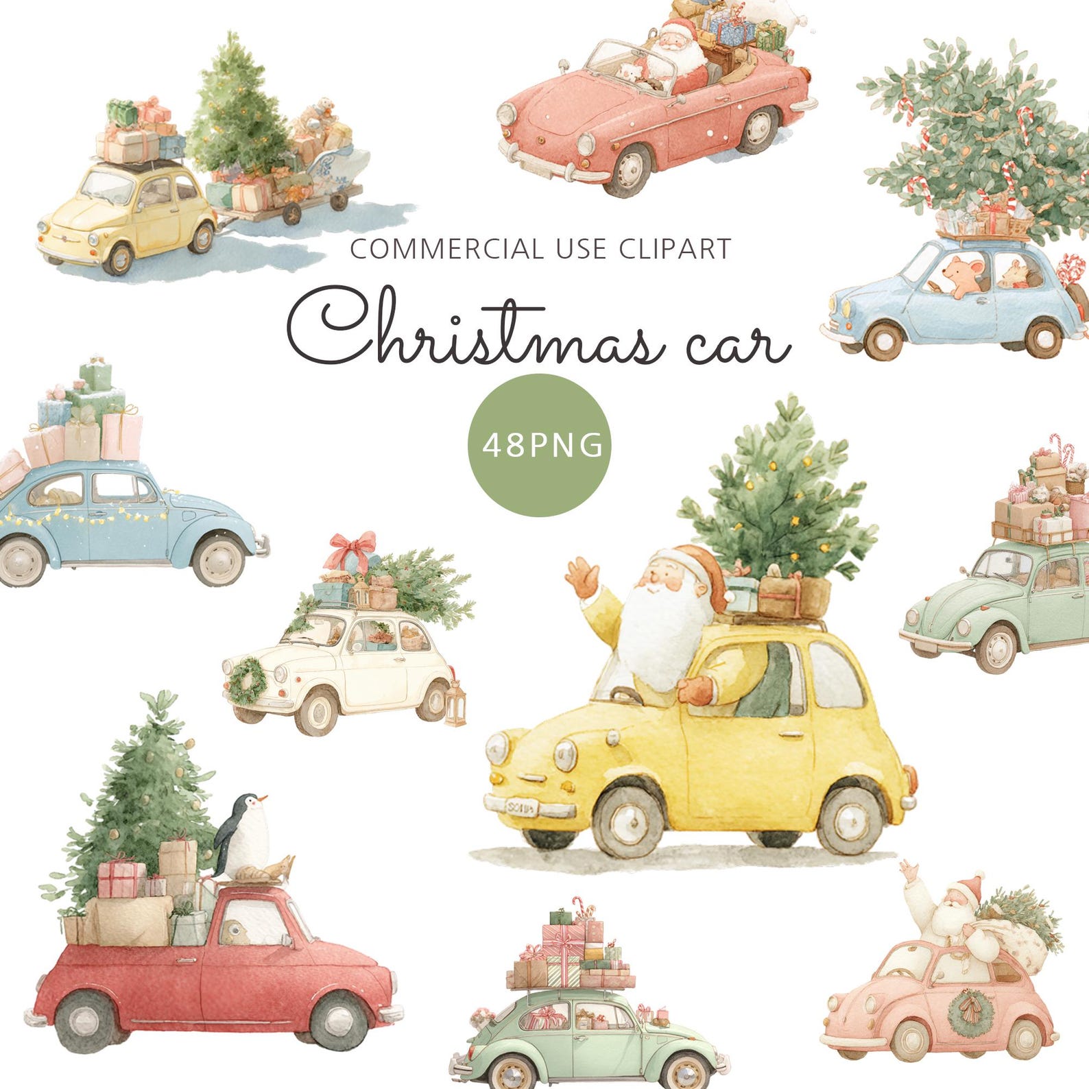 48 Vintage Christmas Car Clipart Red Retro Car With Tree Watercolor PNG ...
