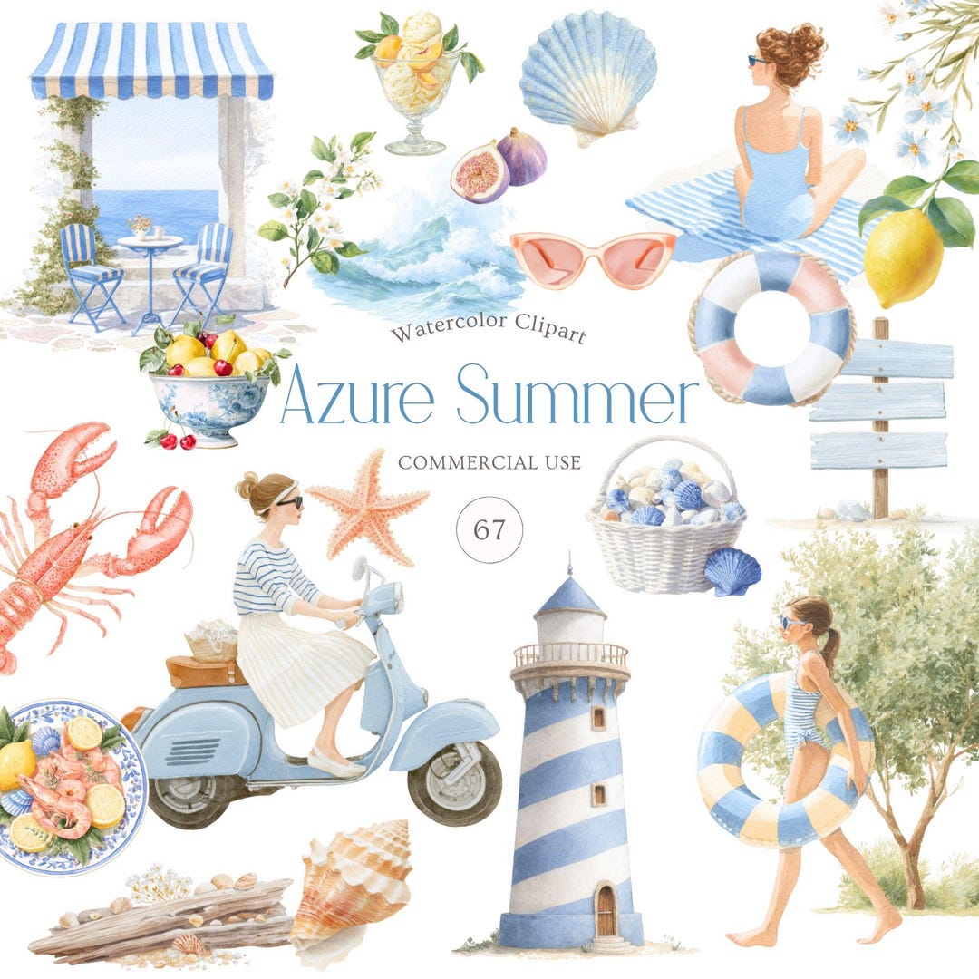 103 Summer Clipart PNG, Coastal Beach Watercolor Clipart Bundle, Azure ...