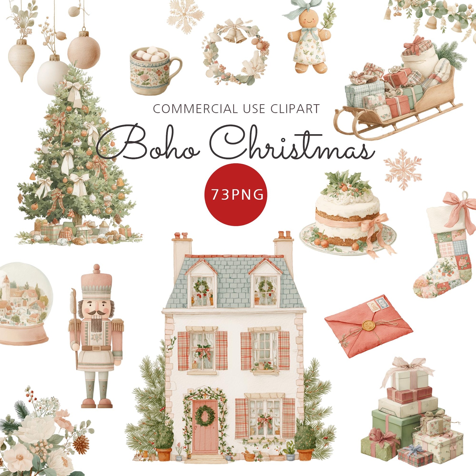 Boho Christmas Clipart Bundle | 73 Watercolor Pngs of Wreaths, Trees ...