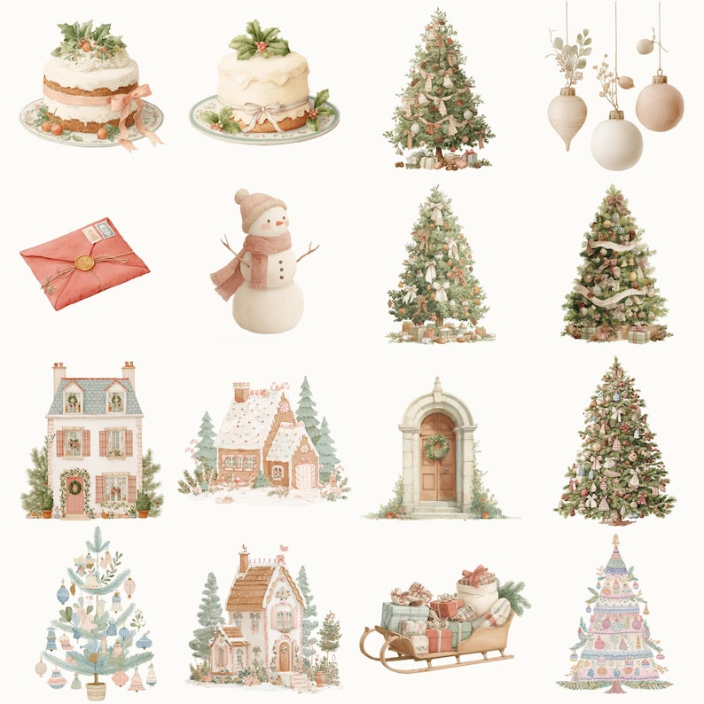 Boho Christmas Clipart Bundle | 73 Watercolor Pngs of Wreaths, Trees ...
