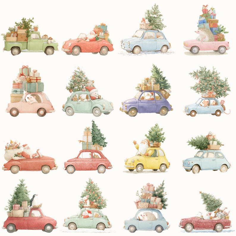 48 Vintage Christmas Car Clipart Red Retro Car With Tree Watercolor PNG ...