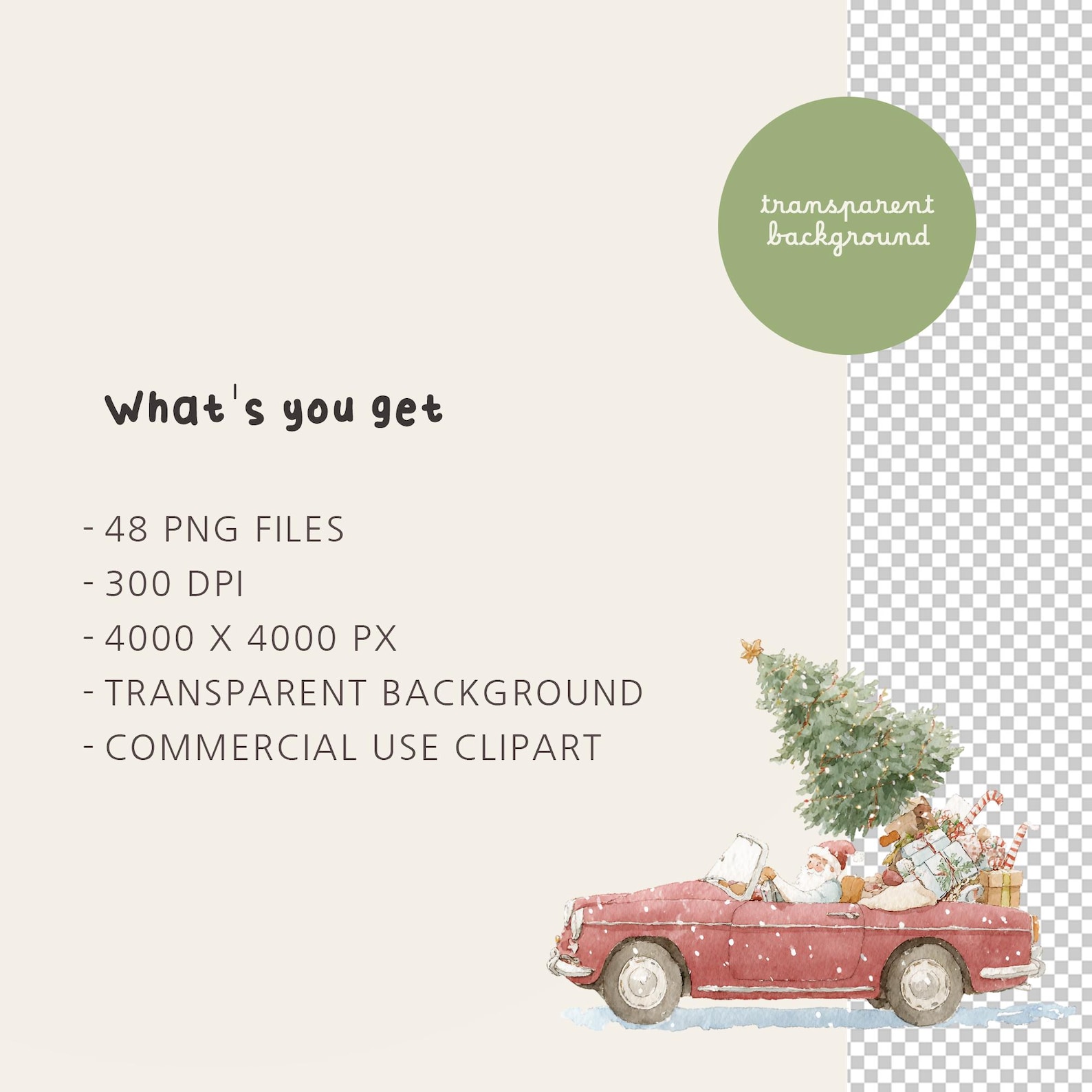 48 Vintage Christmas Car Clipart Red Retro Car With Tree Watercolor PNG ...
