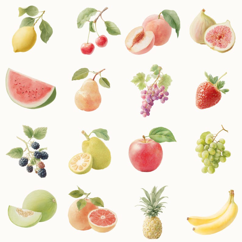 Fresh Watercolor Fruit Clipart Set, 41 Botanical Fruits Illustrations ...