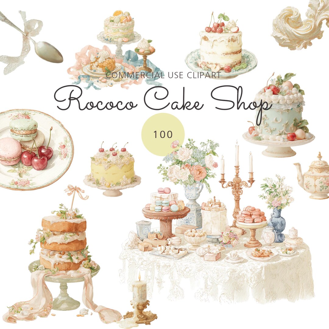 100 Rococo Coquette Vintage Cake Clipart Set Pastel Watercolor Desserts ...