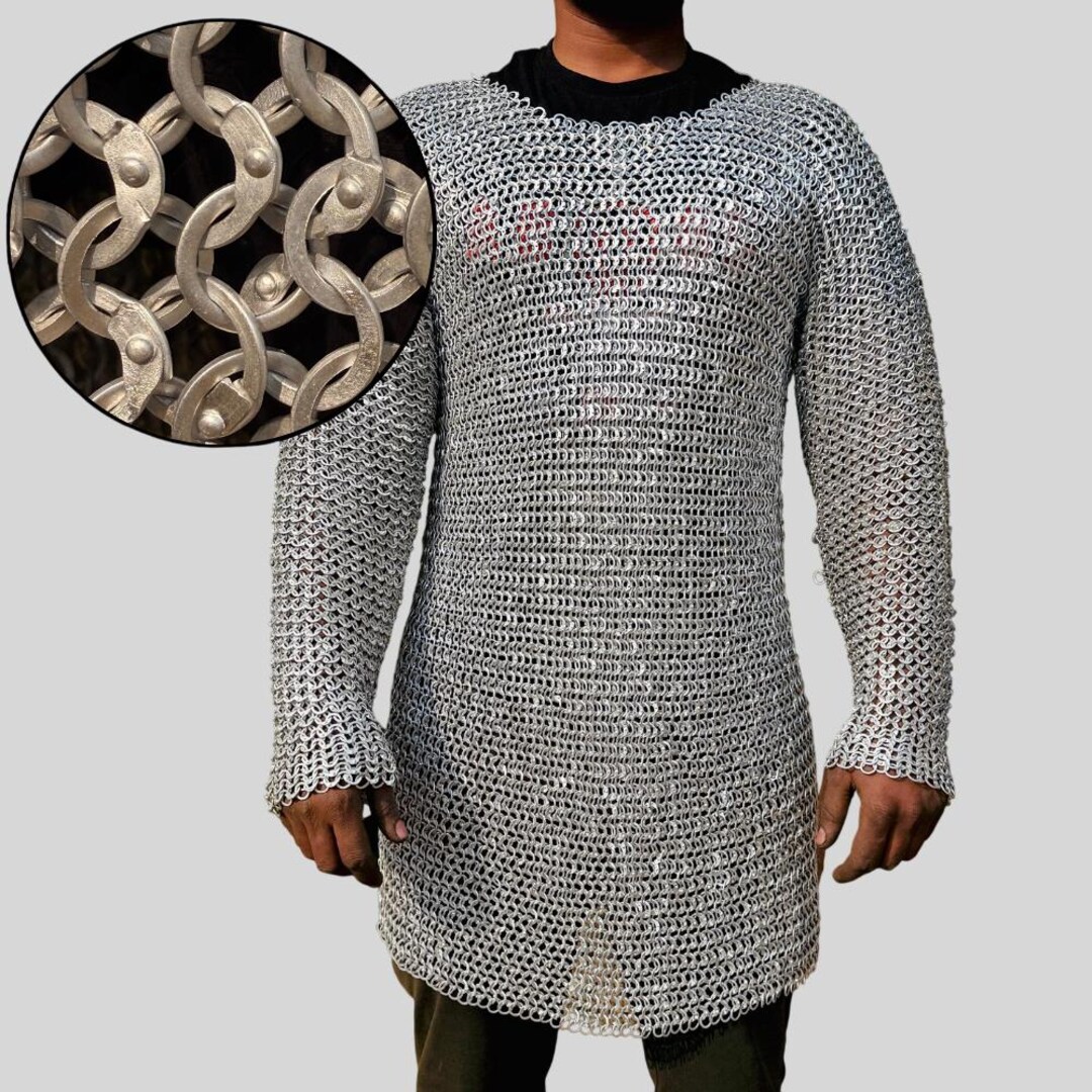 Medieval Aluminum Chainmail Hauberk Shirt | Flat Ring Dome Riveted Mail ...