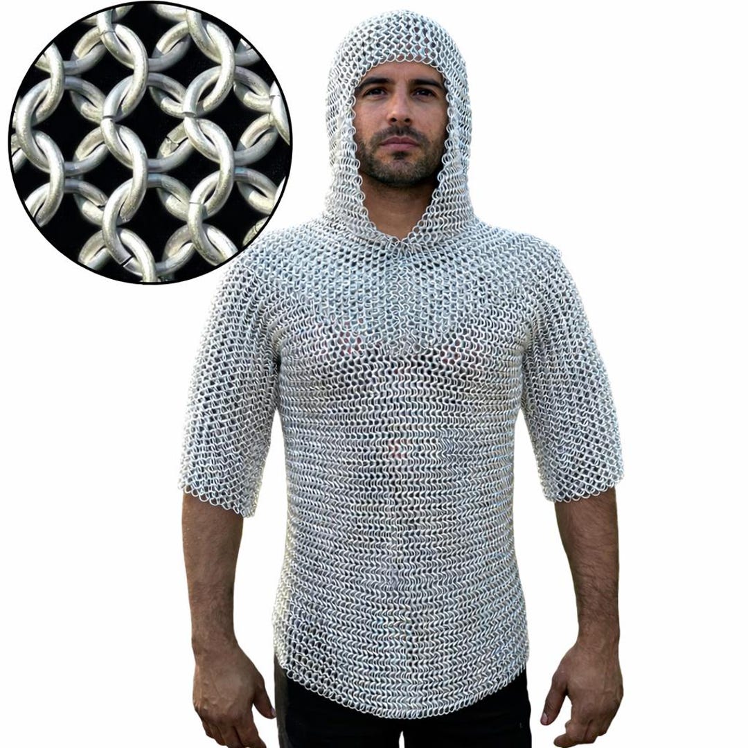 Medieval Aluminum Chainmail Shirt With Hood – 10mm Butted Rings ...