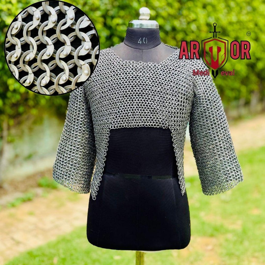 Mild Steel Chainmail Haubergeon: Short Sleeve, Dome Riveted LARP Armor ...