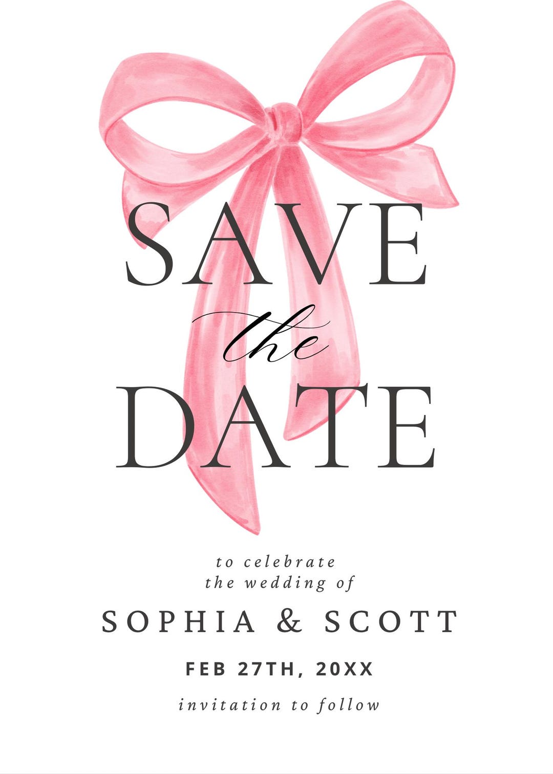 Elegant Pink Bow Save the Date Invitation Template (DIY Editable Canva ...