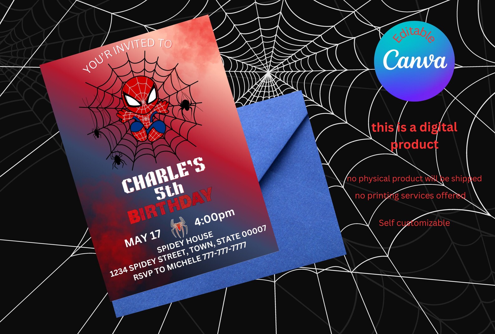Spiderman Editable Birthday Invitation| Spidey Invite , Editable Canva ...