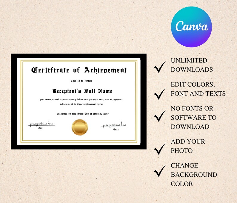 Editable Certificate of Achievement Template Gold Border Customizable ...