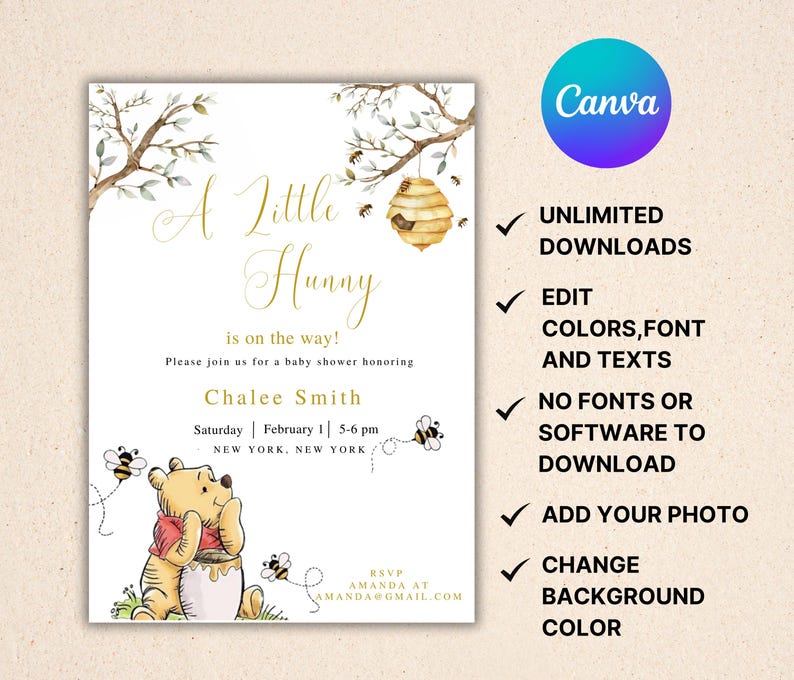 Winnie the Pooh Baby Shower Invitation: Classic Design (digital ...