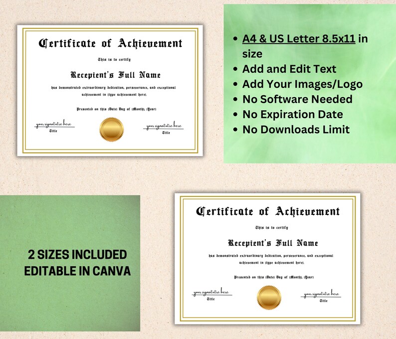 Editable Certificate of Achievement Template Gold Border Customizable ...