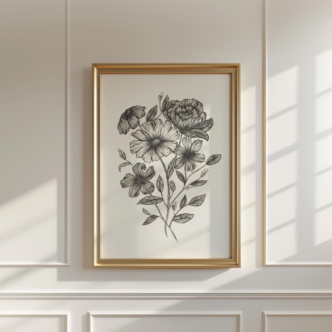 Wildflower Ink Drawing Art Print - Black and White Sketch - Etsy