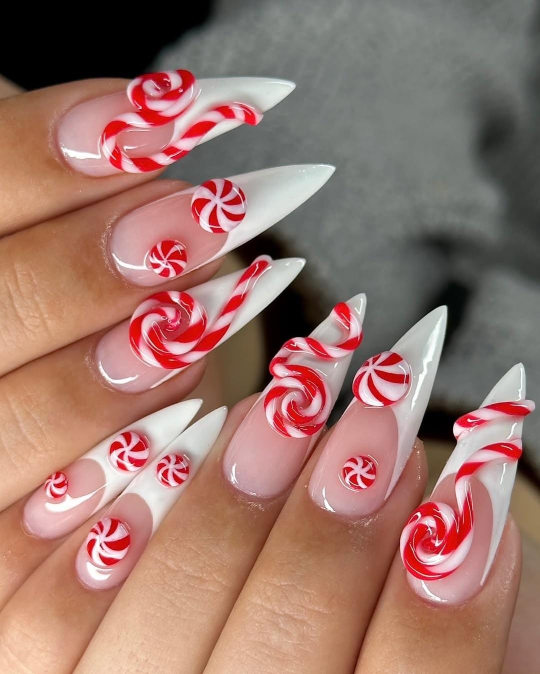 3D Candy Cane Press on Nails, Peppermint Swirl Christmas Nails, Red ...