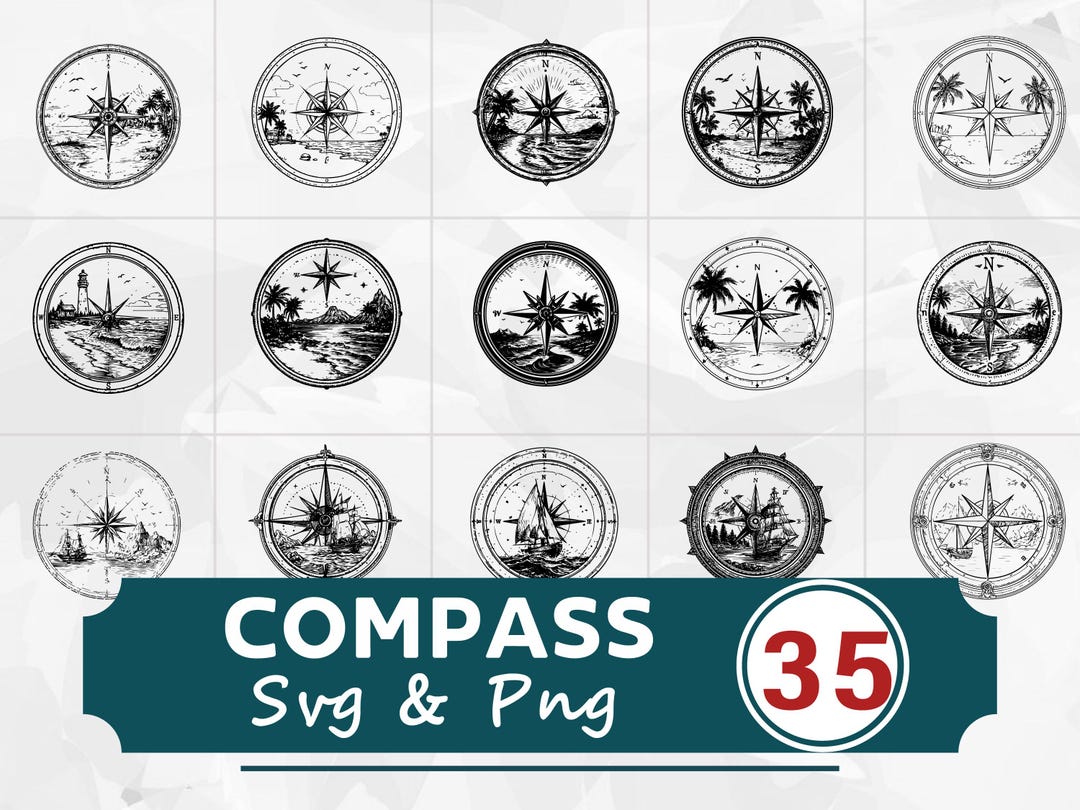 Compass Silhouette SVG PNG Bundle, Nautical Clipart Vector, Cricut Cut ...