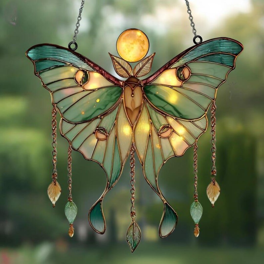 Faux Stained Glass Window Hanging, Moonlit Luna Moth Suncatcher, Witchy ...