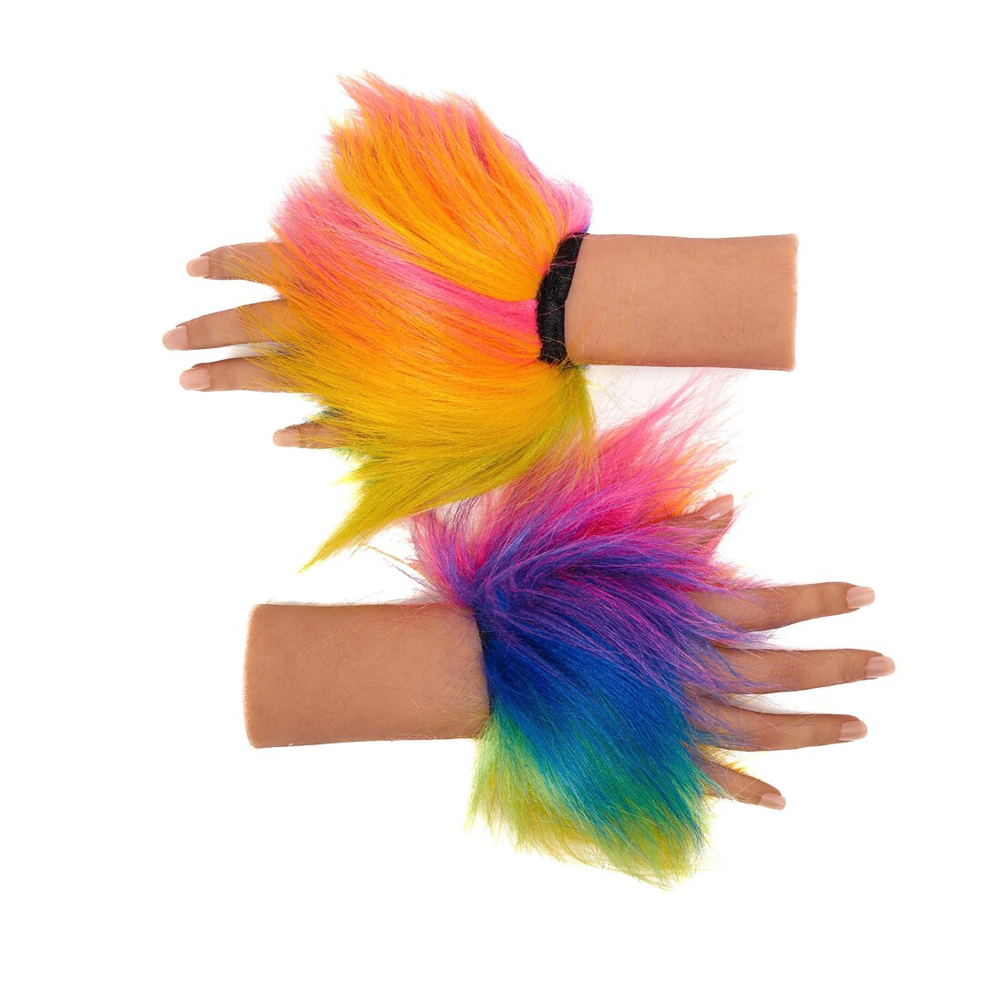 Electric Rainbow Faux Fur Pair Wrist Cuffs - Unicorn Costume, Women ...