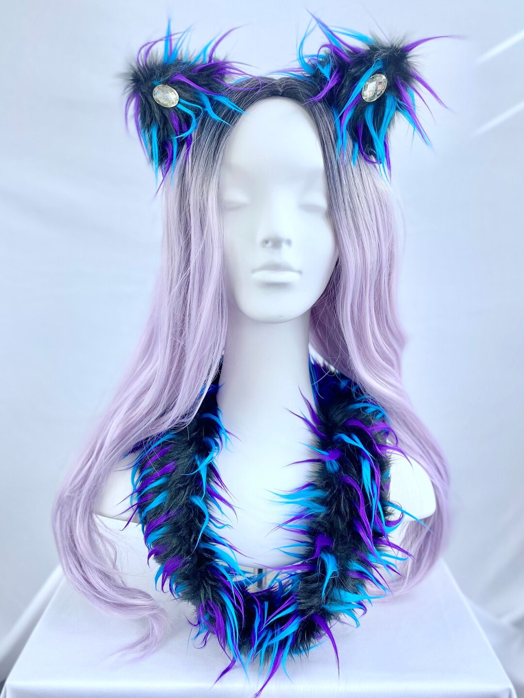Luxury Neck Piece & Clip Ears Set Purple Turquoise Black Faux Fur ...