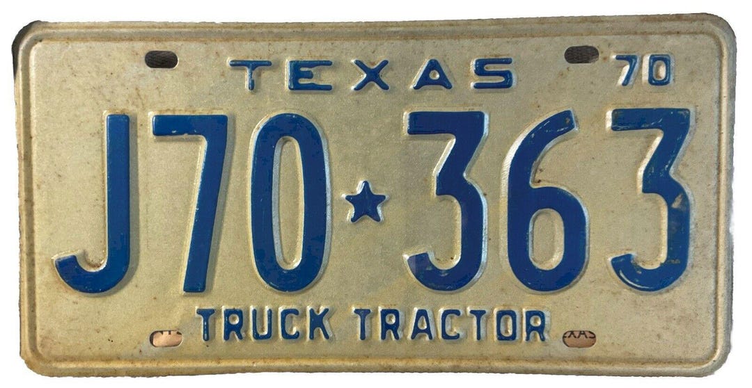 Texas 1970 TRUCK TRACTOR License Plate J70363 With Orig. Paper Insert ...
