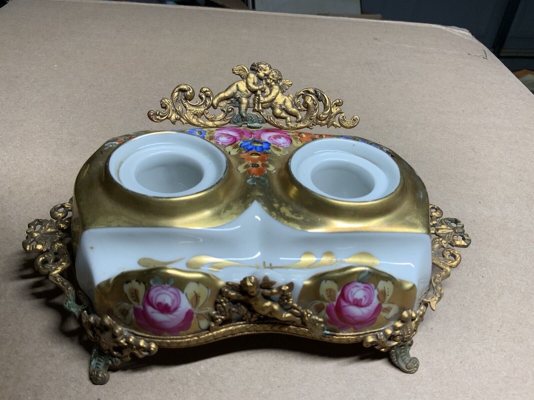 Hand Painted Limoges France Inkwell Porcelain Painted in Gold Trimmer ...
