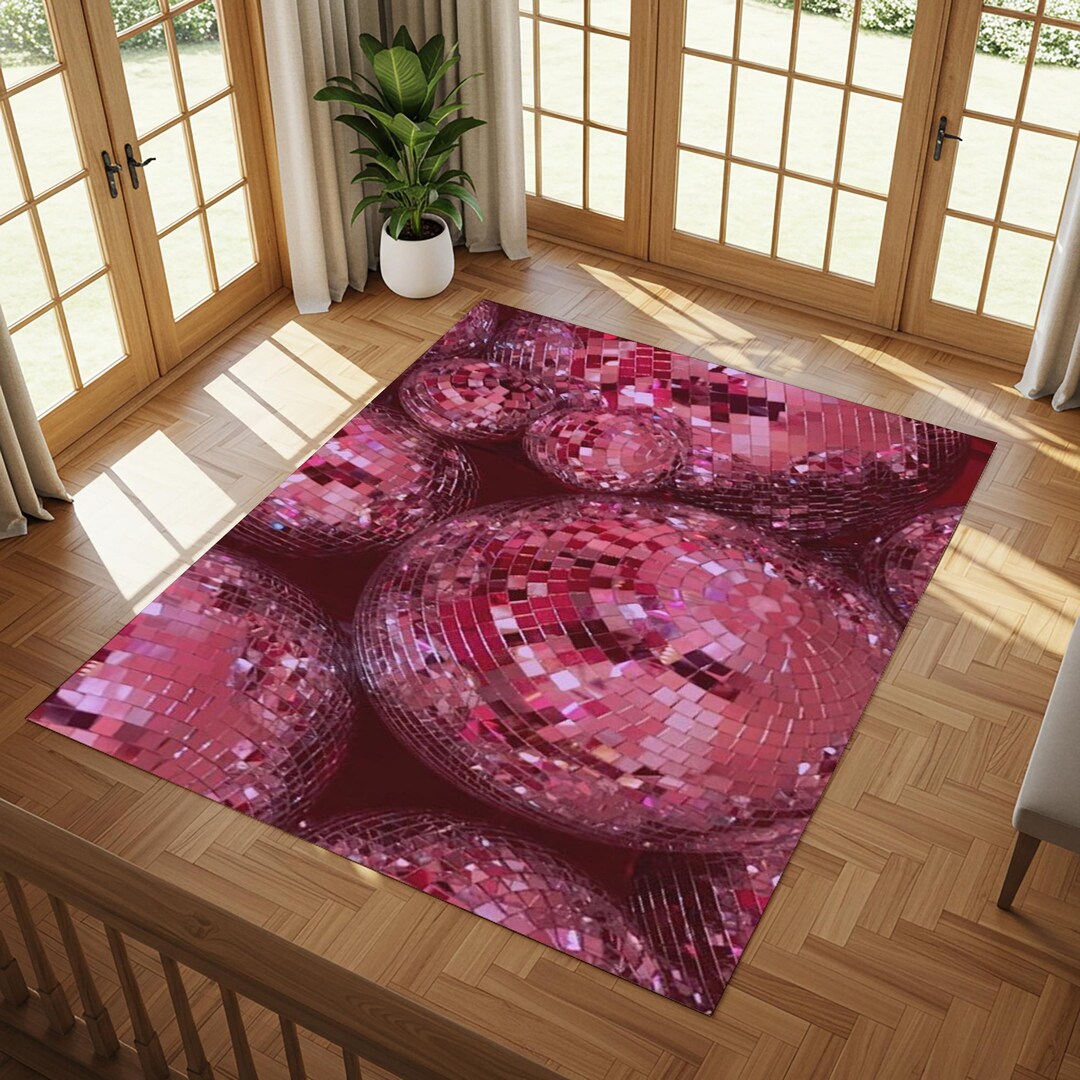 Pink Disco Ball Rug Glamorous Retro Party Vibrant Floor Mat Sparkle ...