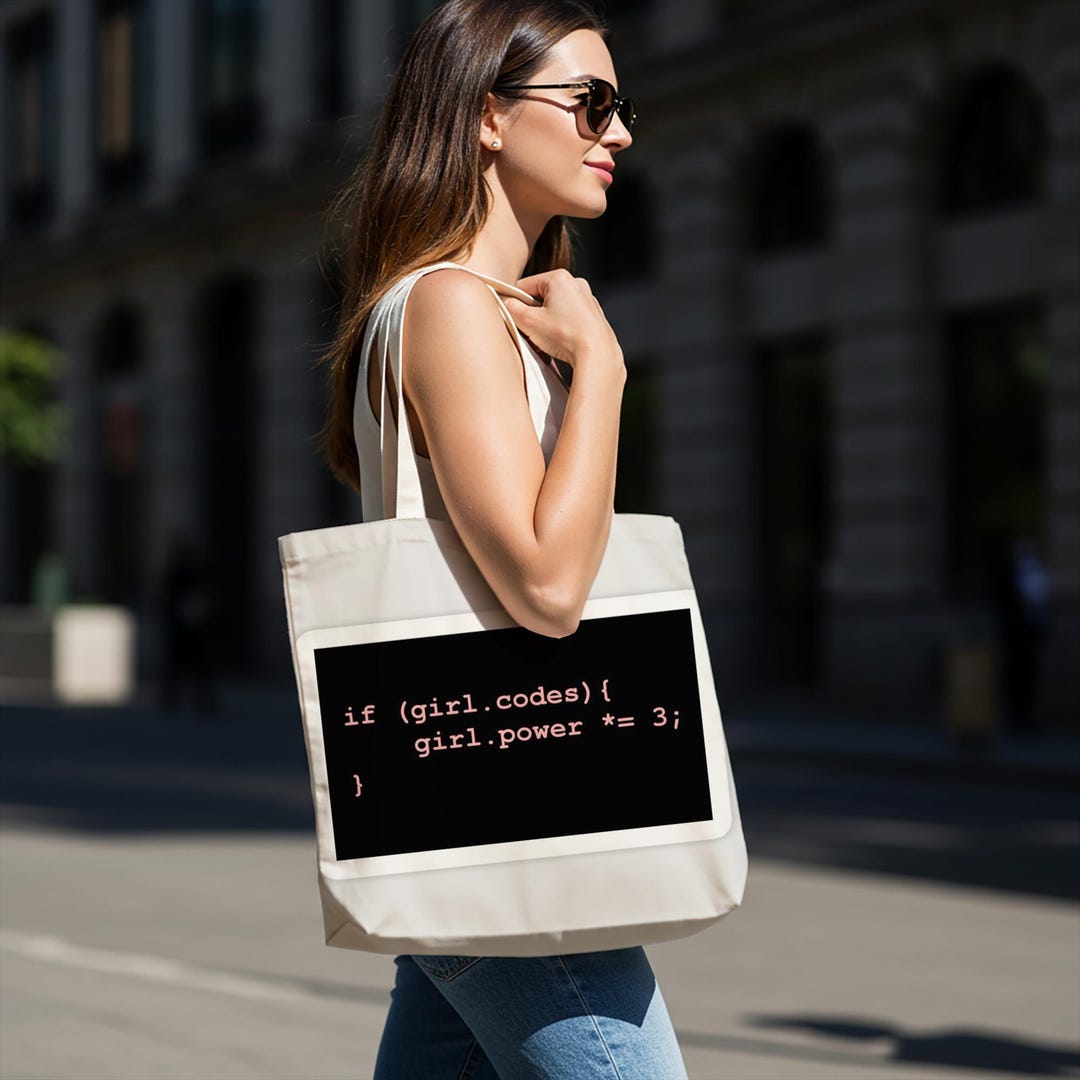 Canvas Tote Bag Girl Codes Women in Tech Programmer Gift Empowerment Minimalist Design Black ...