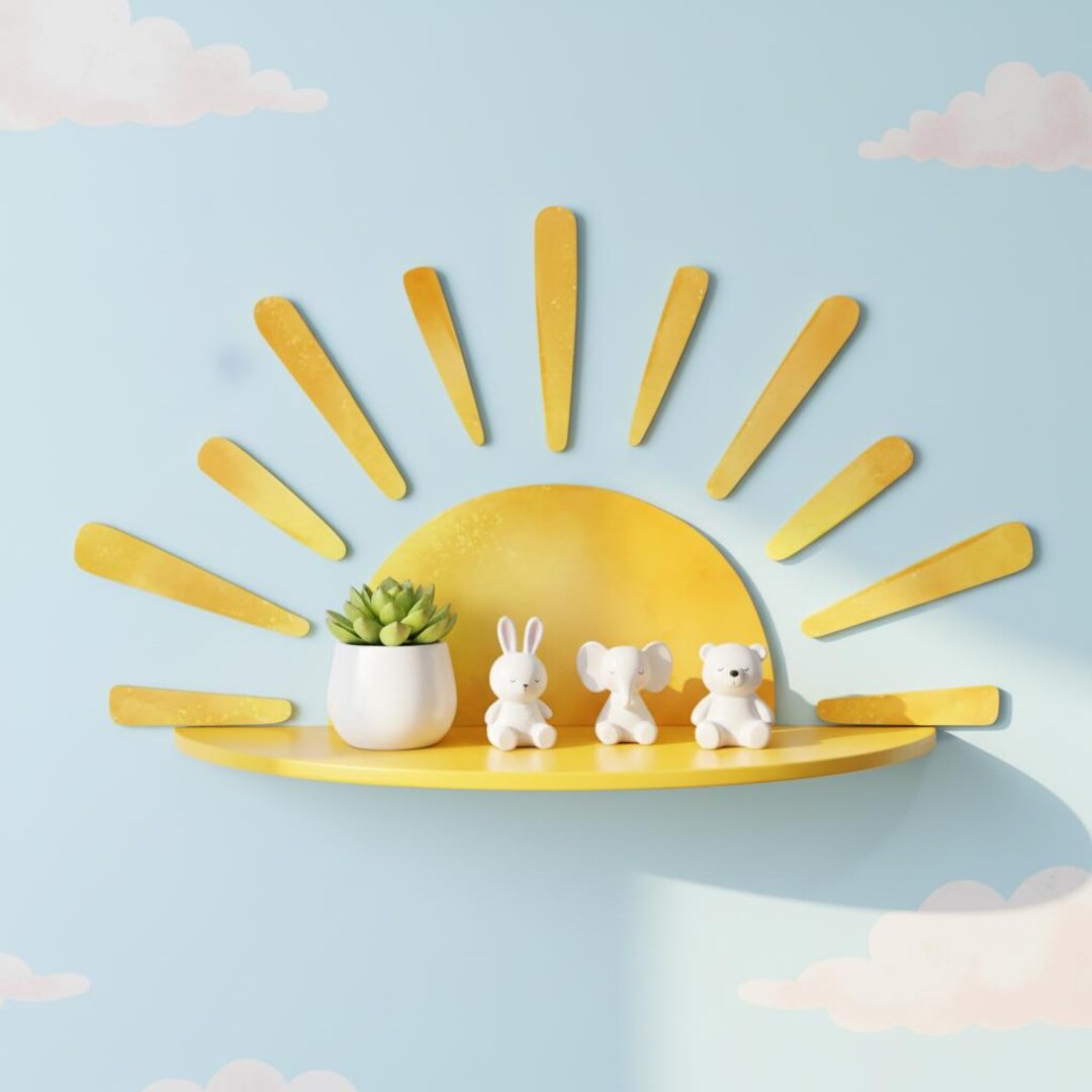 Sun Wall Shelf for Nursery, Half Sun Floating Shelf With Rays, Hidden ...