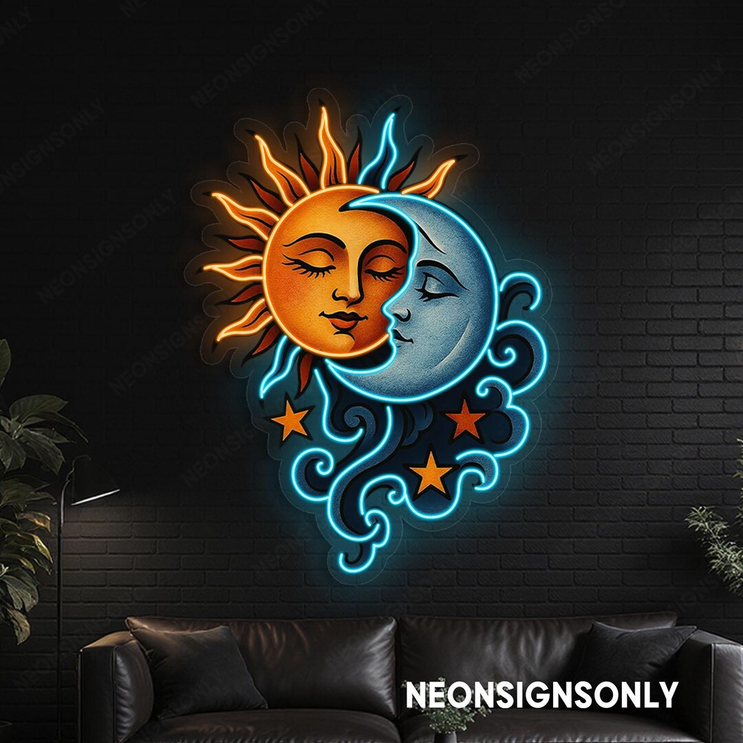 Sun and Moon UV Printed Neon Sign, Celestial Sun Moon Colorful UV Print ...