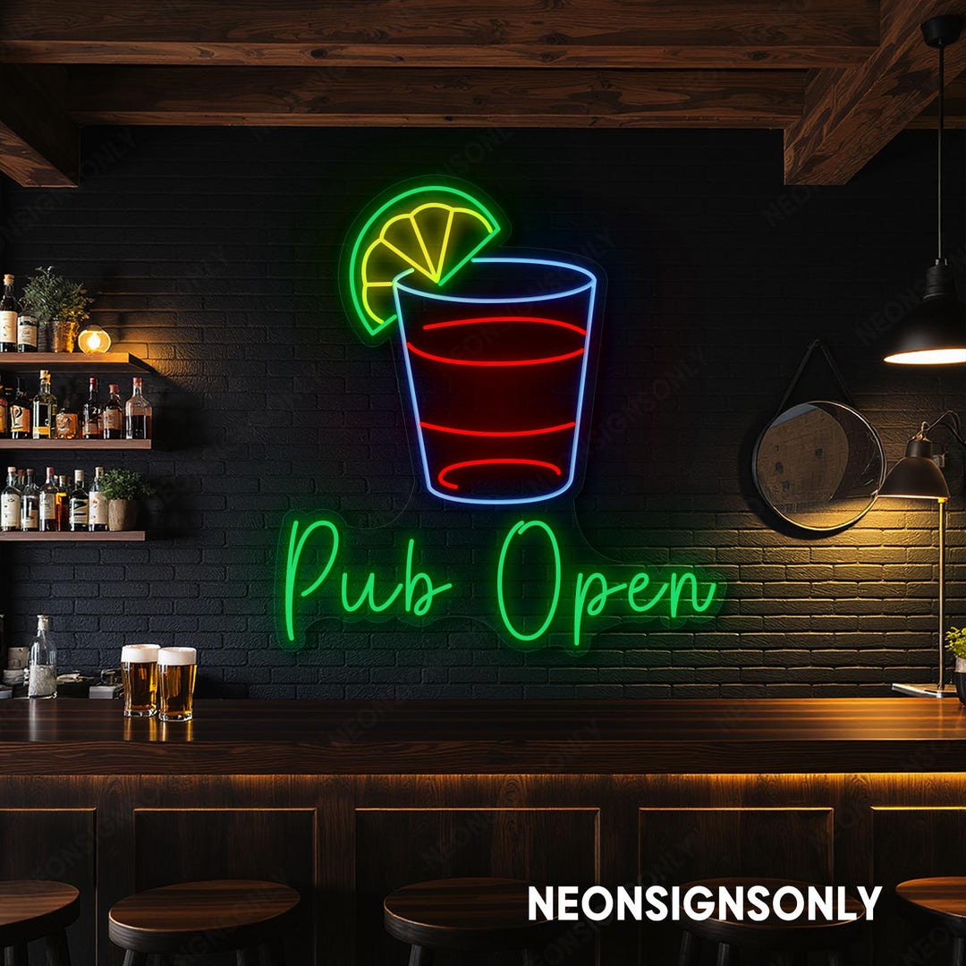 Pub Open Led Neon Sign, Pub Open Led Light Cocktail Glass Neon Line Art ...