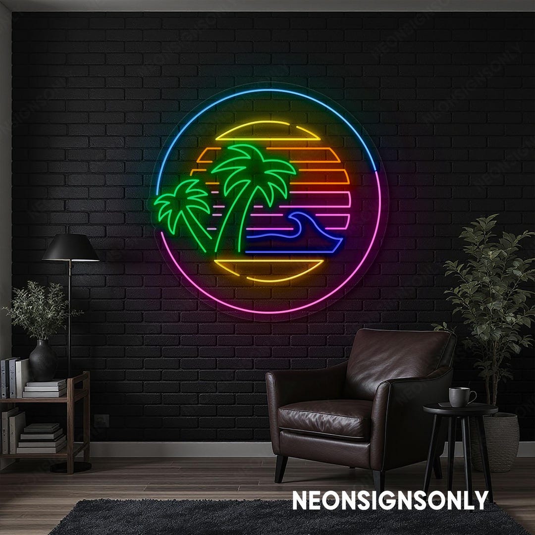 Tropical Sunset LED Neon Sign, Tropical Palm Trees Sun Led Line Artwork ...