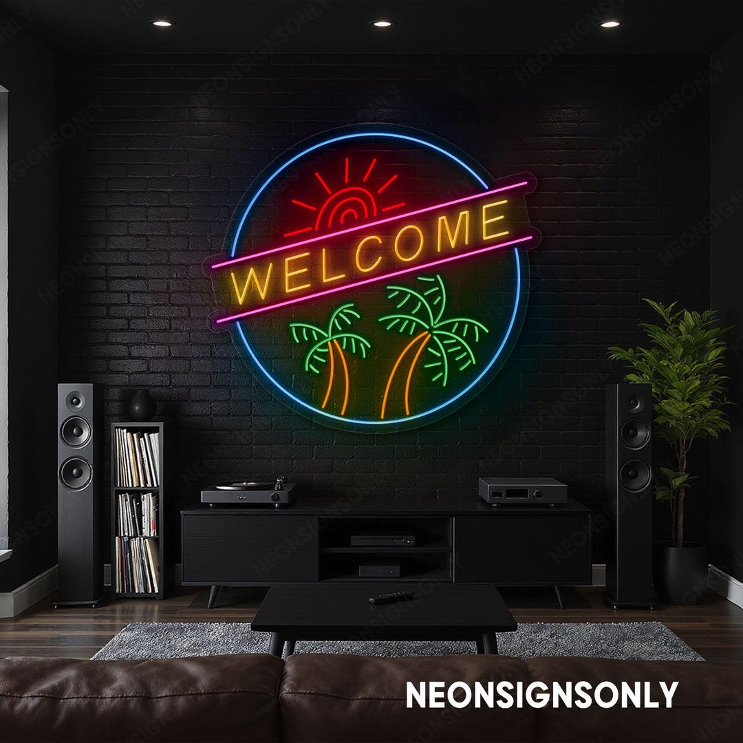 Tropical Welcome LED Neon Sign, Tropical Welcome Palm Trees Sun Led ...